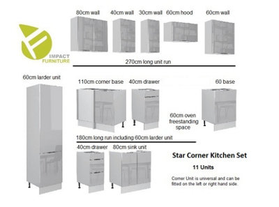 Corner Kitchen Cabinet Set 11 Unit Wide 60cm Larder Pantry Light Grey ...
