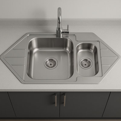 Corner Kitchen Sink With Drainer Drainboard 1.5 Bowl Stainless Steel ...