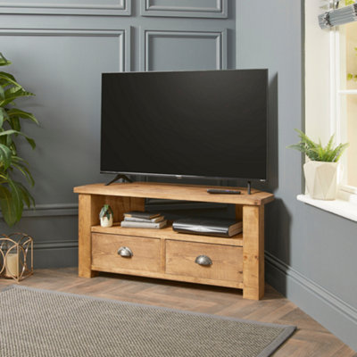 Corner TV Stand with Drawers Made From Solid Wood 120cm Rugger Brown Finsh