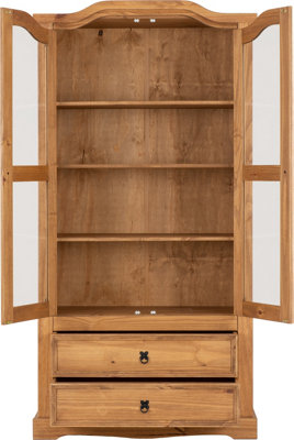 Corona 2 Door 2 Drawer Glass Display Unit Distressed Waxed Pine Glass