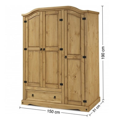 Corona 3 Door 1 Drawer Wardrobe Solid Wood Pine with Mexican Wooden Styling