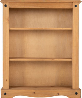 Corona 3 Shelf Low Bookcase in Distressed Waxed Pine Finish