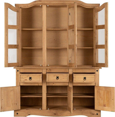 Corona Buffet Hutch 4ft6 3 Door 3 Drawer Distressed Waxed Pine Glass