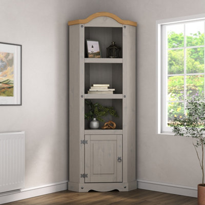 Corona Grey Corner Display Unit Bookcase Pine Cupboard 3 Book Shelves