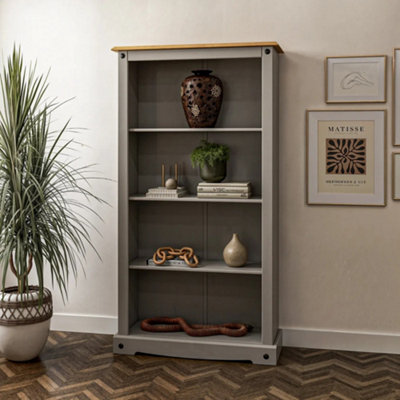 Corona Grey Medium Bookcase 4 Book Shelves Mexican Solid Pine Wood