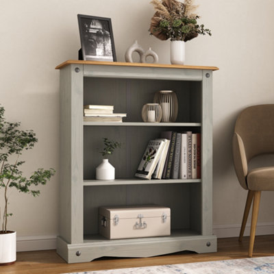 Corona Grey Small Low Bookcase Mexican Solid Pine 3 Shelf