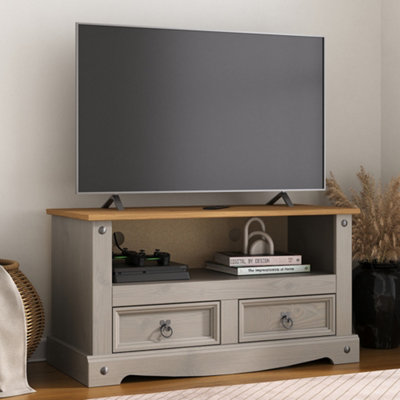 Corona Grey TV Stand 2 Drawer Television Cabinet Solid Wood Pine Unit