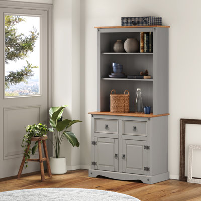 Corona Grey Wax 2 Door 2 Drawer Dresser Buffet Hutch Open Storage Solid Pine with Mexican