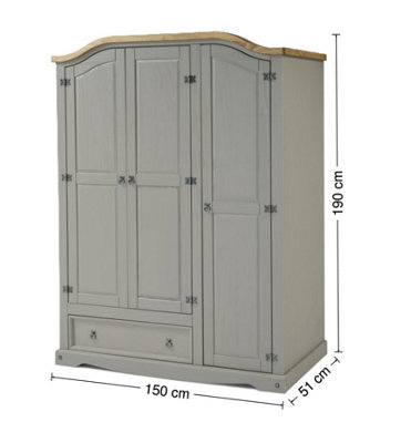 Corona Grey Wax 3 Door 1 Drawer Arch Top Wardrobe Solid Pine with ...