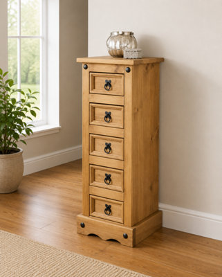Corona Narrow 5 Drawer Chest of Drawers Tallboy Mexican Solid Pine