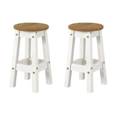 Corona Pair of White Low Breakfast Stools - Rustic Solid Wood Farmhouse ...