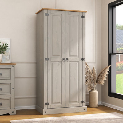 Corona Wardrobe 2 Door Grey with Hanging Rail Shelf Mexican Solid Pine Wood