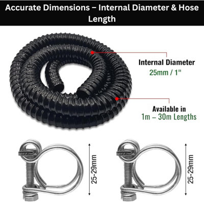 Corrugated Pond Hose Pipe and Clips 25mm/1inch Flexible Black PVC Water ...