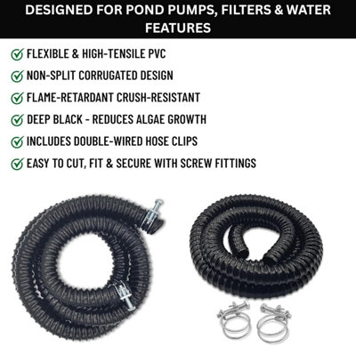 Corrugated Pond Hose Pipe and Clips 25mm/1inch Flexible Black PVC Water ...