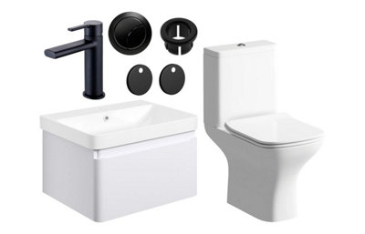Cosmo 600mm Basin Unit & Close Coupled WC Pack - Matt White w/Black ...