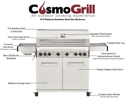CosmoGrill Platinum Stainless Steel 6+2 Silver Gas Barbecue with Side ...