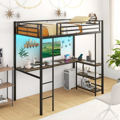 COSTWAY 1.8 m High Loft Bed with Desk Single Size Platform Bed with LED ...