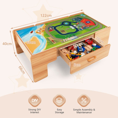 Costway 100 PCS Kids Wooden Train Kids Track Railway Set Activity Table w Rolling Drawer