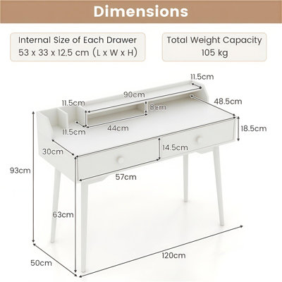 COSTWAY 120 CM Home Office Computer Desk Wooden Vanity Table W/ Hutch-White