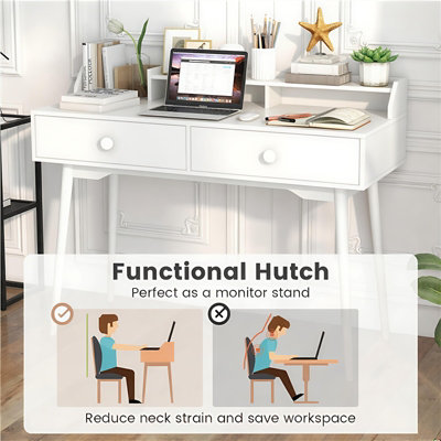COSTWAY 120 CM Home Office Computer Desk Wooden Vanity Table W/ Hutch-White