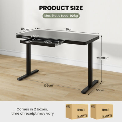COSTWAY 120 X 60 CM ELECTRIC STANDING DESK W/ DRAWERS WHOLE-PIECE GLASS ...