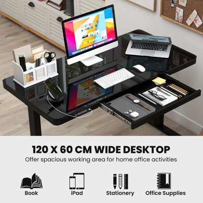 COSTWAY 120 X 60 CM ELECTRIC STANDING DESK W/ DRAWERS WHOLE-PIECE GLASS ...
