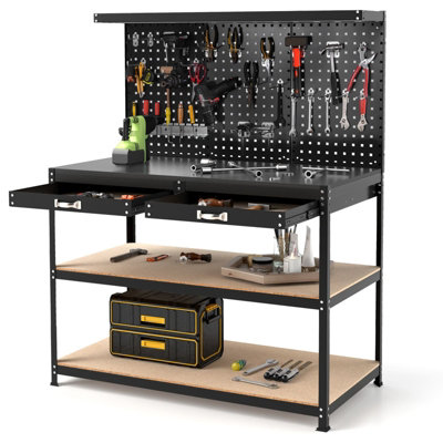 COSTWAY 121 x 61 CM Workbench Heavy-Duty Work Table w/ 3 PCS Pegboard-Black