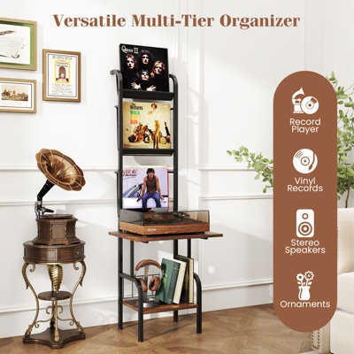 COSTWAY 144cm Tall Record Player Stand Turntable Stand-Brown