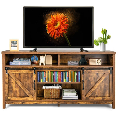 COSTWAY 150cm Sliding Barn Door TV Stand Farmhouse Flat Screen Console for TVs up to 65