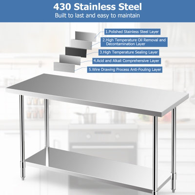Costway 152 x 61 CM Stainless Steel Table Commercial Worktable ...