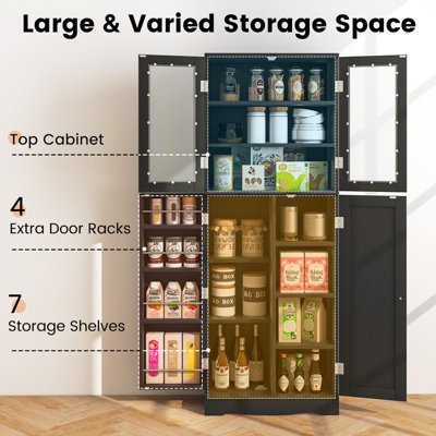 Costway 161 cm Tall Food Pantry Cabinet Kitchen Cupboard w/ Tempered ...