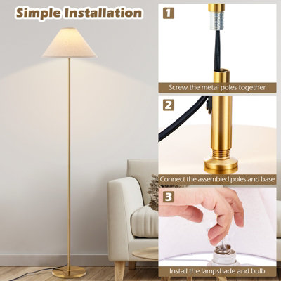 COSTWAY 162 cm Standing Pole Lamp w/ Linen Shade Gold Floor Lamp Foot ...