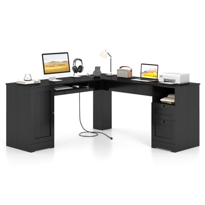 COSTWAY 168 CM L-shaped Computer Desk w/ Power Outlets Modern Corner ...