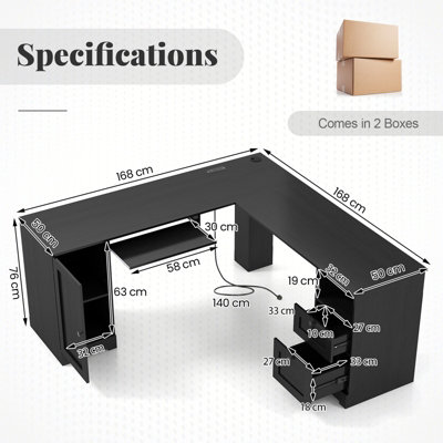 COSTWAY 168 CM L-shaped Computer Desk w/ Power Outlets Modern Corner ...