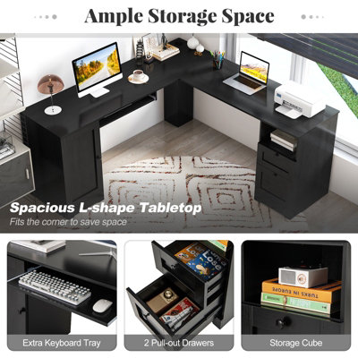 COSTWAY 168 CM L-shaped Computer Desk w/ Power Outlets Modern Corner ...