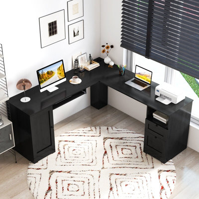 COSTWAY 168 CM L-shaped Computer Desk w/ Power Outlets Modern Corner ...