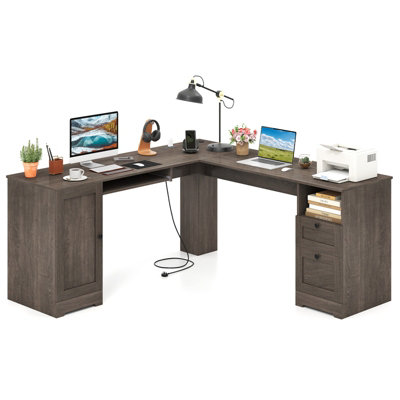 COSTWAY 168 CM L-shaped Computer Desk w/ Power Outlets Modern Corner ...