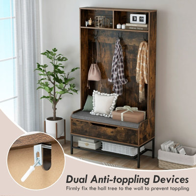 Costway 170cm Hall Tree Freestanding Entryway Bench 4 in 1 Coat Rack w Shoe Storage