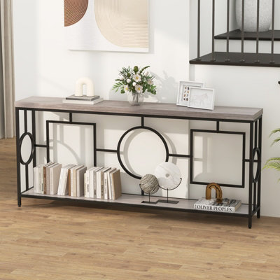 COSTWAY 180cm Long Mid-Century Console Table Rustic Metal Frame Sofa Table