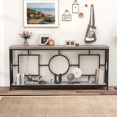 COSTWAY 180cm Long Mid-Century Console Table Rustic Metal Frame Sofa Table
