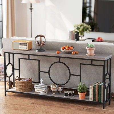 COSTWAY 180cm Long Mid-Century Console Table Rustic Metal Frame Sofa Table