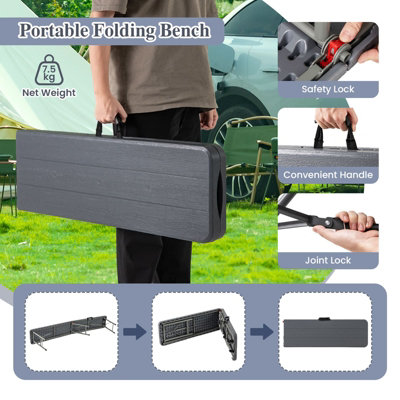 COSTWAY 180cm Plastic Folding Bench Portable Fold-in-Half Seat w/300 kg ...