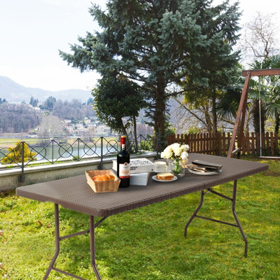 COSTWAY 182 CM Center Folding Table Portable Plastic Table w/ Rattan Design