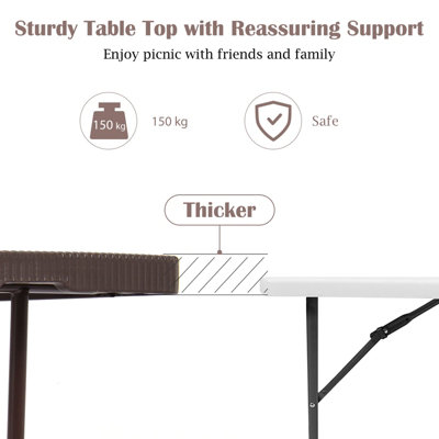 COSTWAY 182 CM Center Folding Table Portable Plastic Table w/ Rattan Design