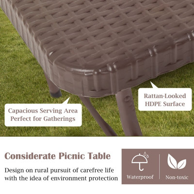 COSTWAY 182 CM Center Folding Table Portable Plastic Table w/ Rattan Design