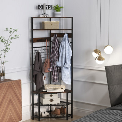 COSTWAY 183 CM Tall Corner Hall Tree 5-Tier Coat Rack w/ Shoe Storage ...