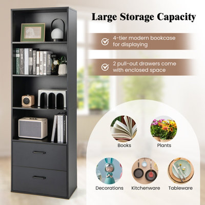 Costway 188 cm 6-Tier Tall Bookshelf Freestanding w/4 Open Shelves & 2 ...