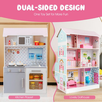 Costway 2 in 1 Double Sided Wooden Dollhouse Kitchen Playset Furniture Included