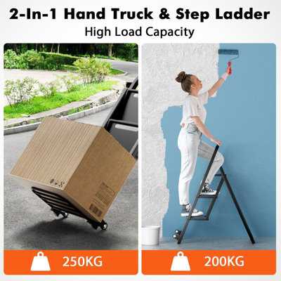 Costway 2-In-1 Hand Truck & Ladder Foldable 3-Step Ladder Heavy-duty ...