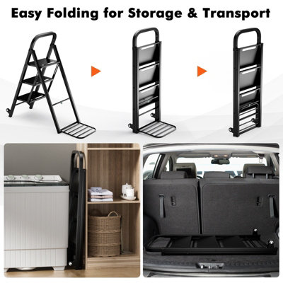 Costway 2-In-1 Hand Truck & Ladder Foldable 3-Step Ladder Heavy-duty ...